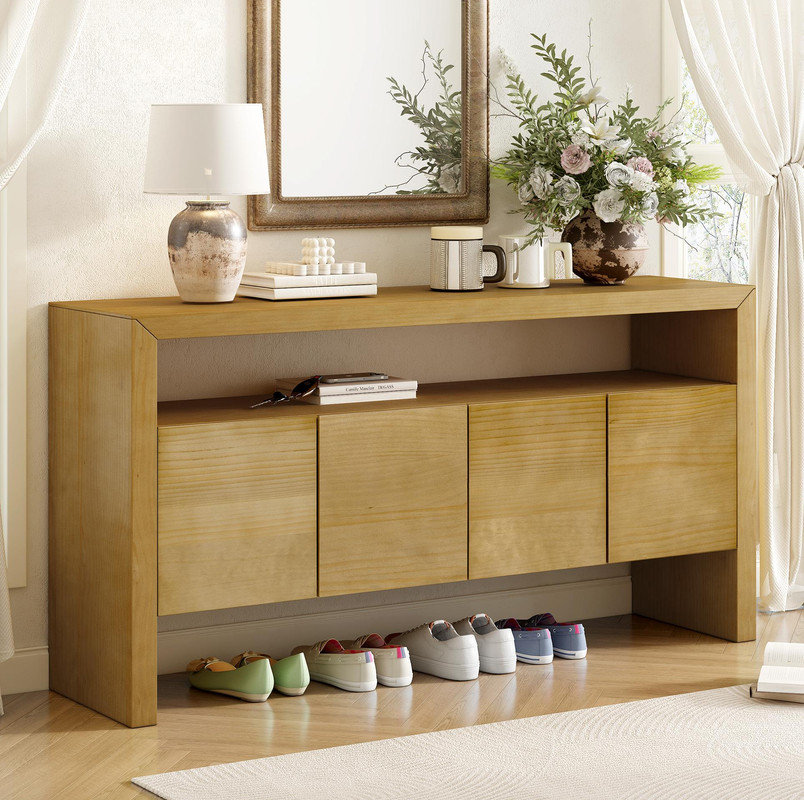 Latitude Run® 60"4-Door Sideboard, Modern Minimalist Solid Wood Veneer Sideboard with Open Shelf ...